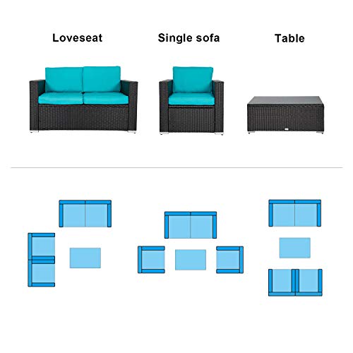 Kinsunny 4 Piece Outdoor Conversation Set Patio Sectional Sofa PE Wicker Furniture Sets with Glass Coffee Table and Cushions for Porch Lawn