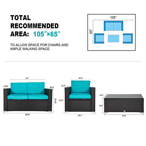 Kinsunny 4 Piece Outdoor Conversation Set Patio Sectional Sofa PE Wicker Furniture Sets with Glass Coffee Table and Cushions for Porch Lawn