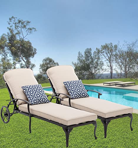 Luccalily Chaise Lounge Patio Chair with Wheels, Adjustable Reclining Rust-Resistant Aluminum Cast Poolside Chaise Lounge Furniture Set of 2, Waterproof Beige Cushion
