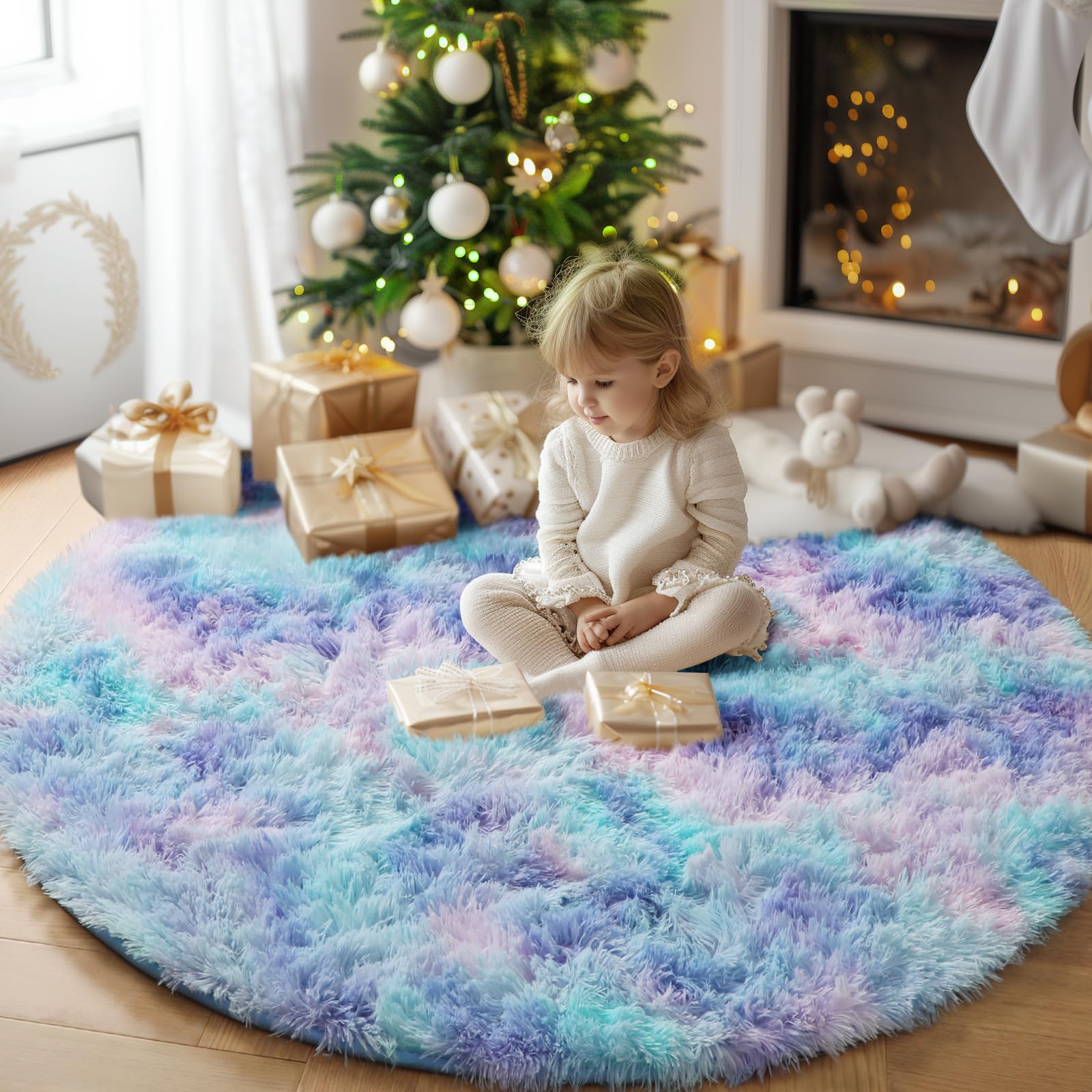 PAGISOFE Round Rugs 5Ft Cute Shaggy Circle Rug for Girls Bedroom, Purple Rainbow Rugs for Kids Room, Teen Girls, Playroom, Nursery, Fluffy Furry Pastel Mermaid Rug, Soft Plush Kawaii Tent Carpet