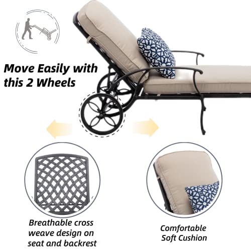 Luccalily Chaise Lounge Patio Chair with Wheels, Adjustable Reclining Rust-Resistant Aluminum Cast Poolside Chaise Lounge Furniture Set of 2, Waterproof Beige Cushion