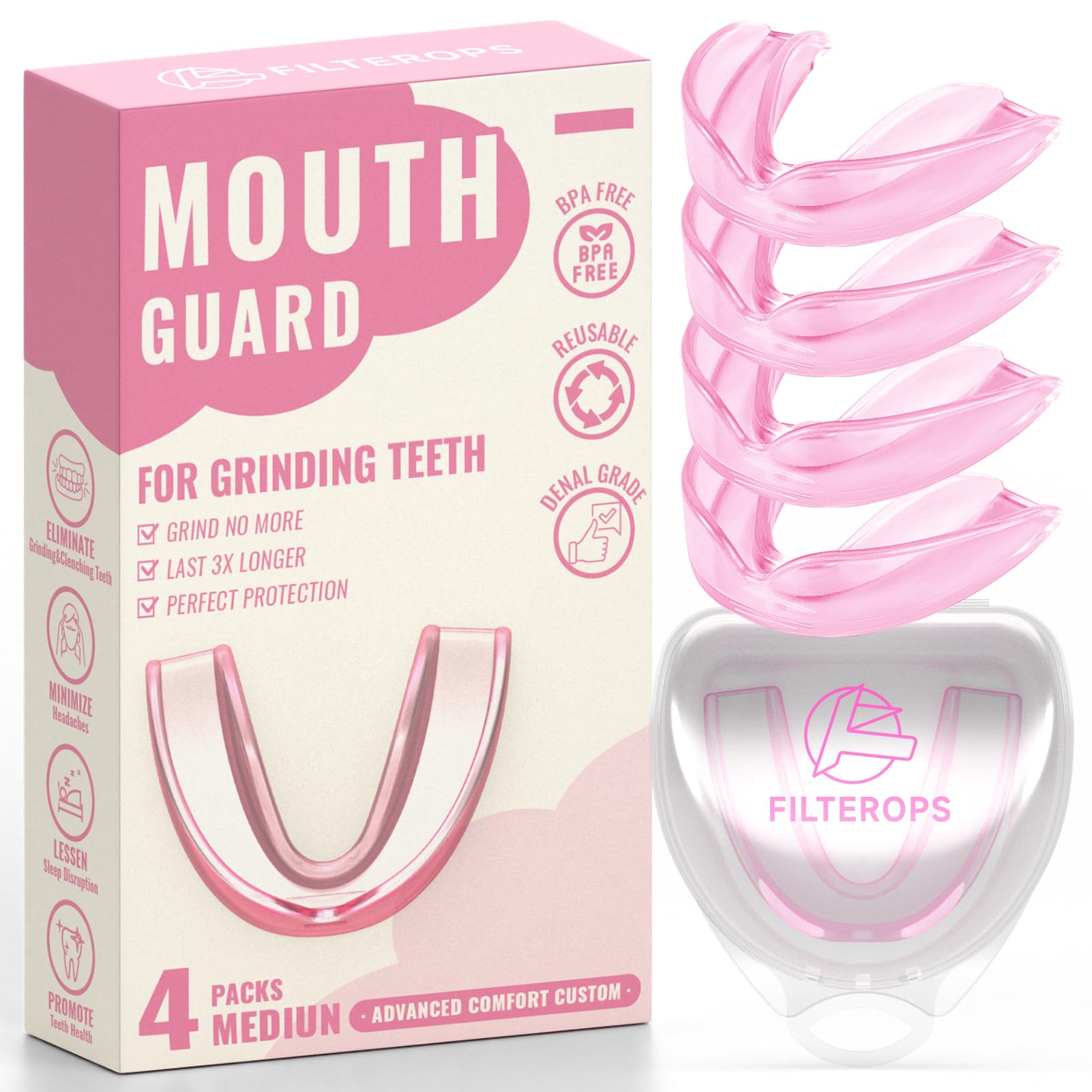 Filterops 4 Pack Pink Women Night Guard Teeth Grinding, Medium Size, Moldable Comfortable Mouth Guard for Teenagers, Bite Guard for Teeth Clenching at Night, Mouthguard Stops Bruxism, Tmj