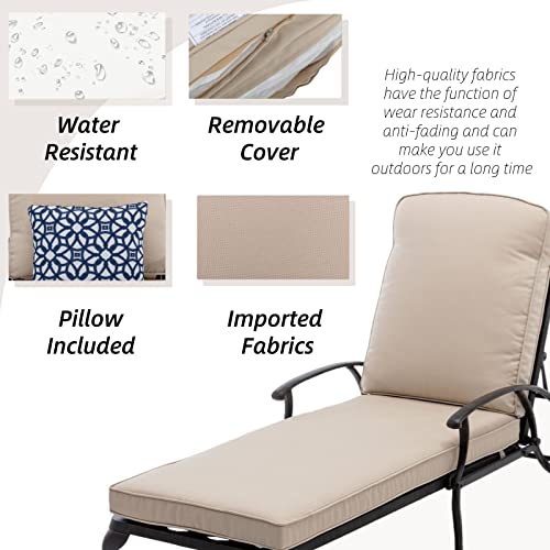 Luccalily Chaise Lounge Patio Chair with Wheels, Adjustable Reclining Rust-Resistant Aluminum Cast Poolside Chaise Lounge Furniture Set of 2, Waterproof Beige Cushion