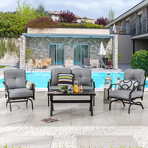 LOKATSE HOME 4 Pieces Outdoor Conversation Furniture Bistro Metal Seating Patio Armchairs Loveseat Set with Cushion & Coffee Table, 4 pcs Chair, Grey