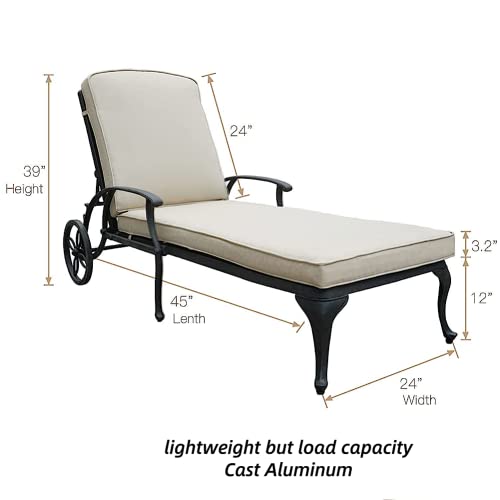 Luccalily Chaise Lounge Patio Chair with Wheels, Adjustable Reclining Rust-Resistant Aluminum Cast Poolside Chaise Lounge Furniture Set of 2, Waterproof Beige Cushion