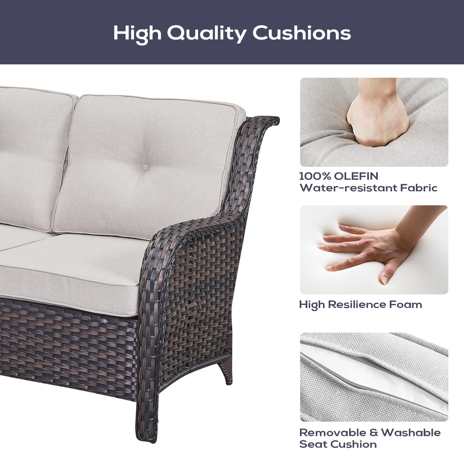 Outdoor Furniture Sectional Sofa L Shaped Couch - Patio Wicker Set with 2 Swivel Glider Chairs, 5 Piece Rattan Patio Conversation Sets with Beige Cushion for Deck Backyard Sunroom