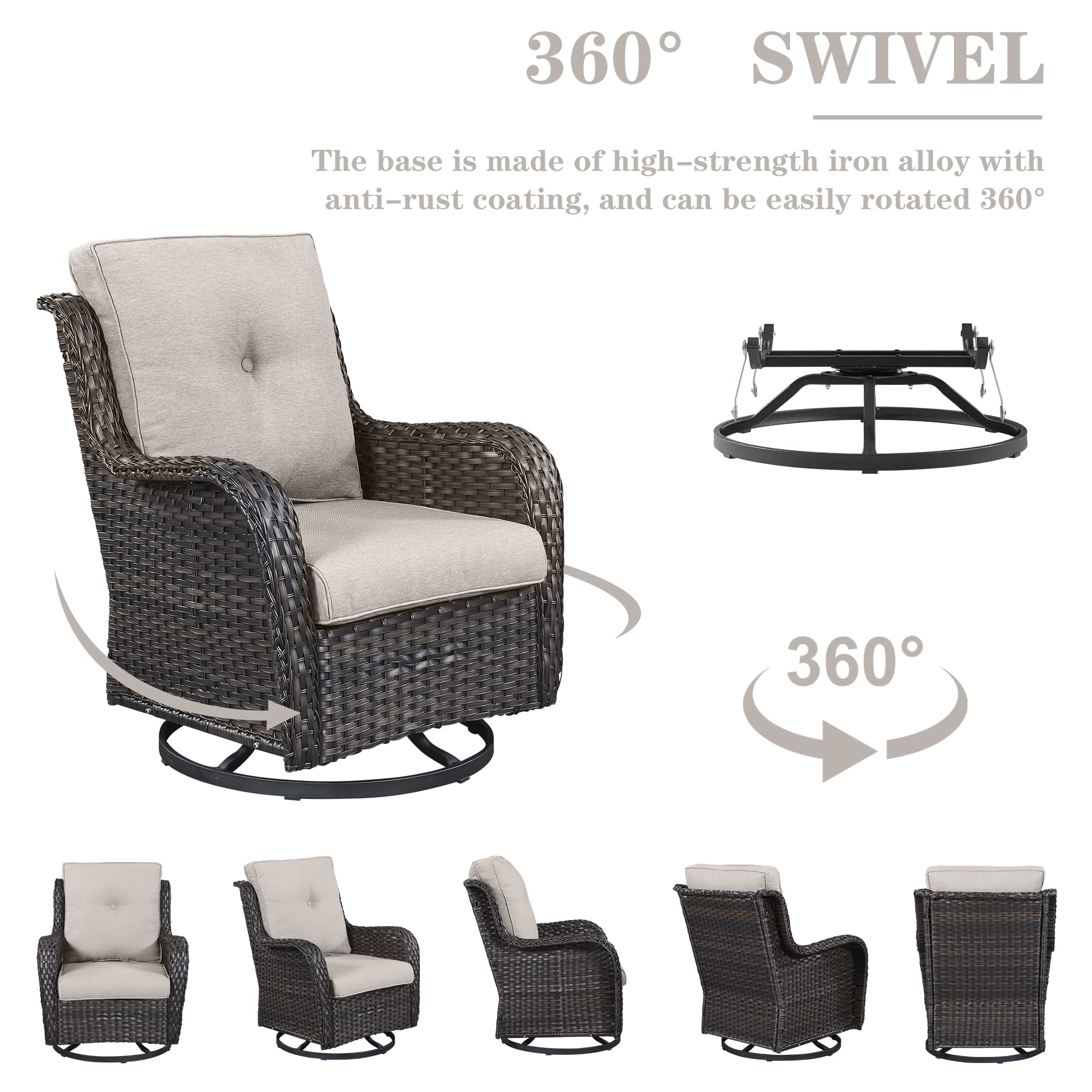 Outdoor Furniture Sectional Sofa L Shaped Couch - Patio Wicker Set with 2 Swivel Glider Chairs, 5 Piece Rattan Patio Conversation Sets with Beige Cushion for Deck Backyard Sunroom