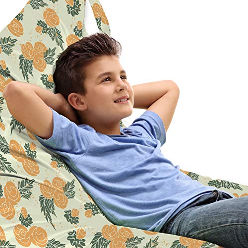 Ambesonne Floral Lounger Chair Bag, Natural Theme Romantic Rose Images Leaves on Pastel Background, High Capacity Storage with Handle Container, Lounger Size, Pale Orange and Reseda Green