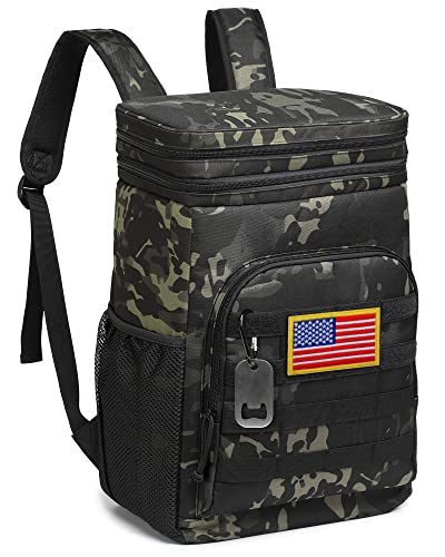 Cooler Backpack Insulated Waterproof Leak Proof - TACTICISM Lunch Backpack for Men 33 Cans MOLLE Soft Sided Protable Cooler Bag for Work Beach Camping Fishing Hiking Picnic Kayaking Gear, Black Camo