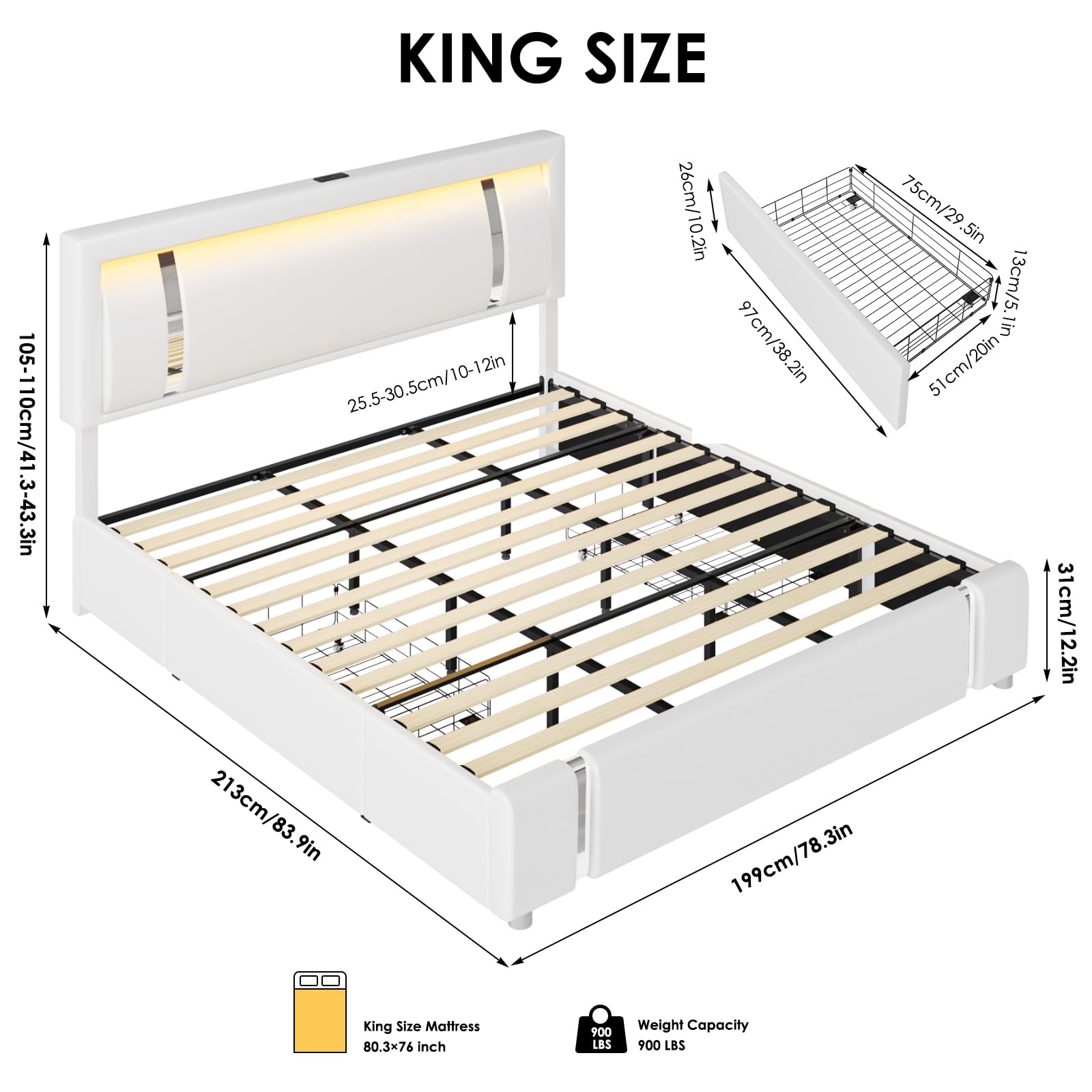 Keyluv King Size Bed Frame with RGB LED Lights & 2 Storage Drawers, Modern Upholstered Platform Bed with Iron Metal Decor, USB Charging Ports, White