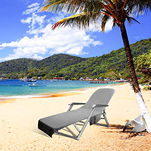 Hiturbo Beach Chair Cover, Lounge Chaise Towel Soft Microfiber Pool Sunbathing Lounger Cover with Side Storage Pockets (Gray)