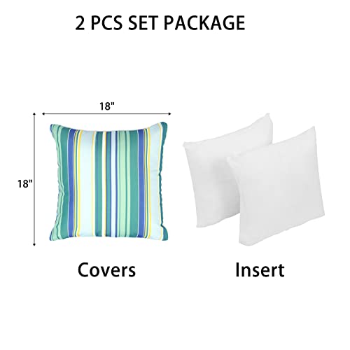 Maphissus 2 PCS Outdoor Throw Pillows Included Inserts,18x18 Inches Green Striped Square Pillows,Waterproof Stuffed Pillow for Patio Garden Bench Furniture