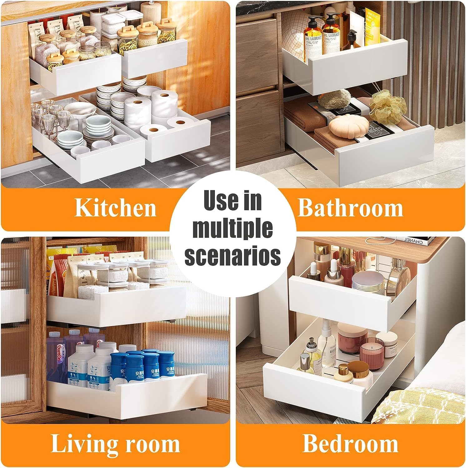 Pull out Cabinet Organizer, 21"Deep, Slide out Drawers for Kitchen Cabinets, Under Sink Pull-Out Home Organizers with Adhesive Nano Film Fixed, Sliding Cabinet for Bathroom, Pantry Storage Shelf