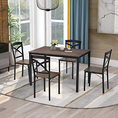 KoiHome 5-Piece Industrial Dining Metal Frame and Wooden Tabletop for 4 People, East-West Furniture Set with Rectangular Table and 4 Ergonomic Chairs for Kitchen,Resturant, Brown
