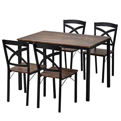 KoiHome 5-Piece Industrial Dining Metal Frame and Wooden Tabletop for 4 People, East-West Furniture Set with Rectangular Table and 4 Ergonomic Chairs for Kitchen,Resturant, Brown