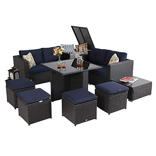 PHI VILLA 9 Piece Outdoor Furniture Sectional Patio Sofa Dining Set with Cushion Box Storage