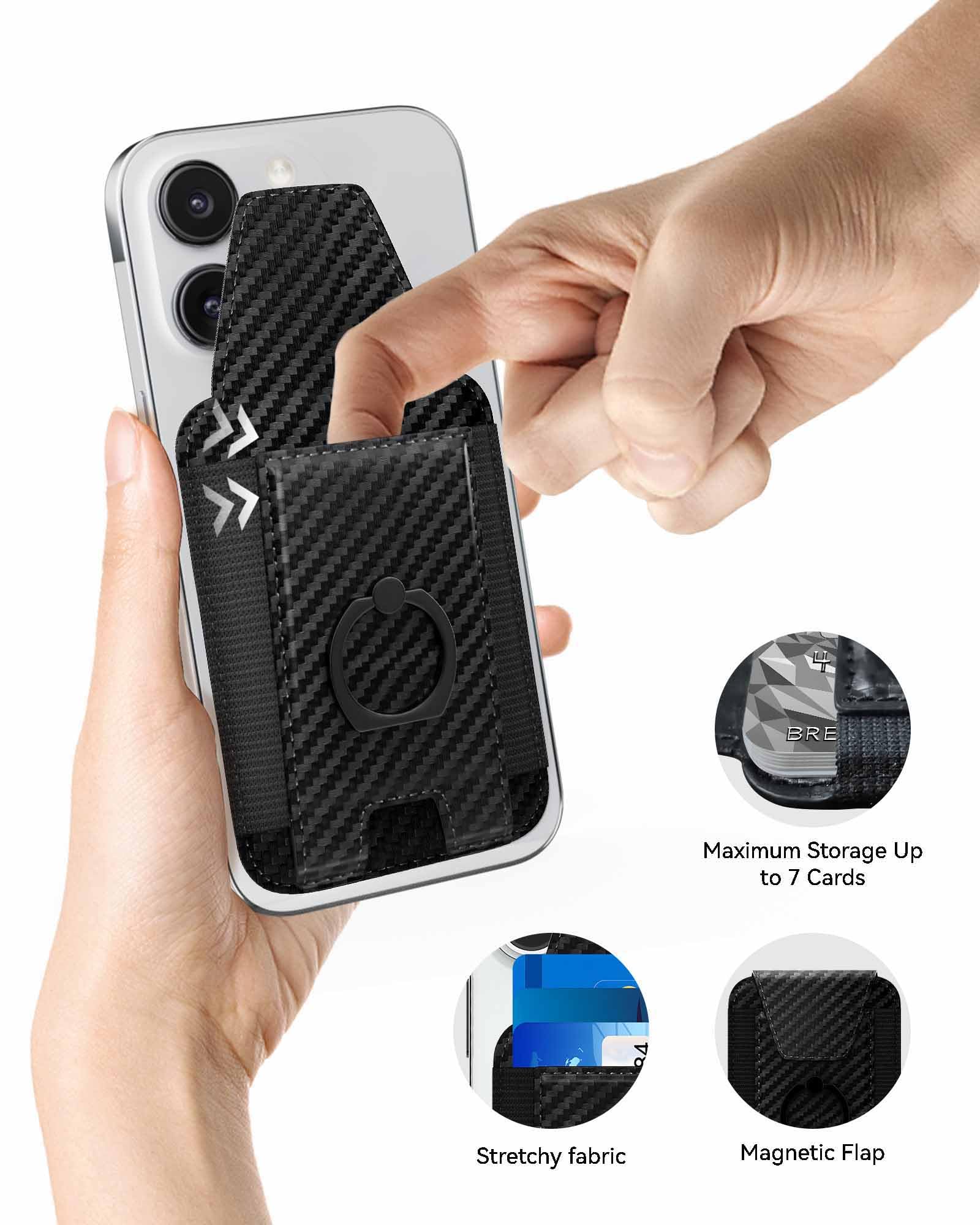 Amzone 3-in-1 Mag Safe Wallet, Leather Wallet with Phone Ring Stand, Mag Safe Wallet with Magnetic Flap for iPhone 15/14/13/12 Series, 7 Card Holder, Carbon Fibre Black