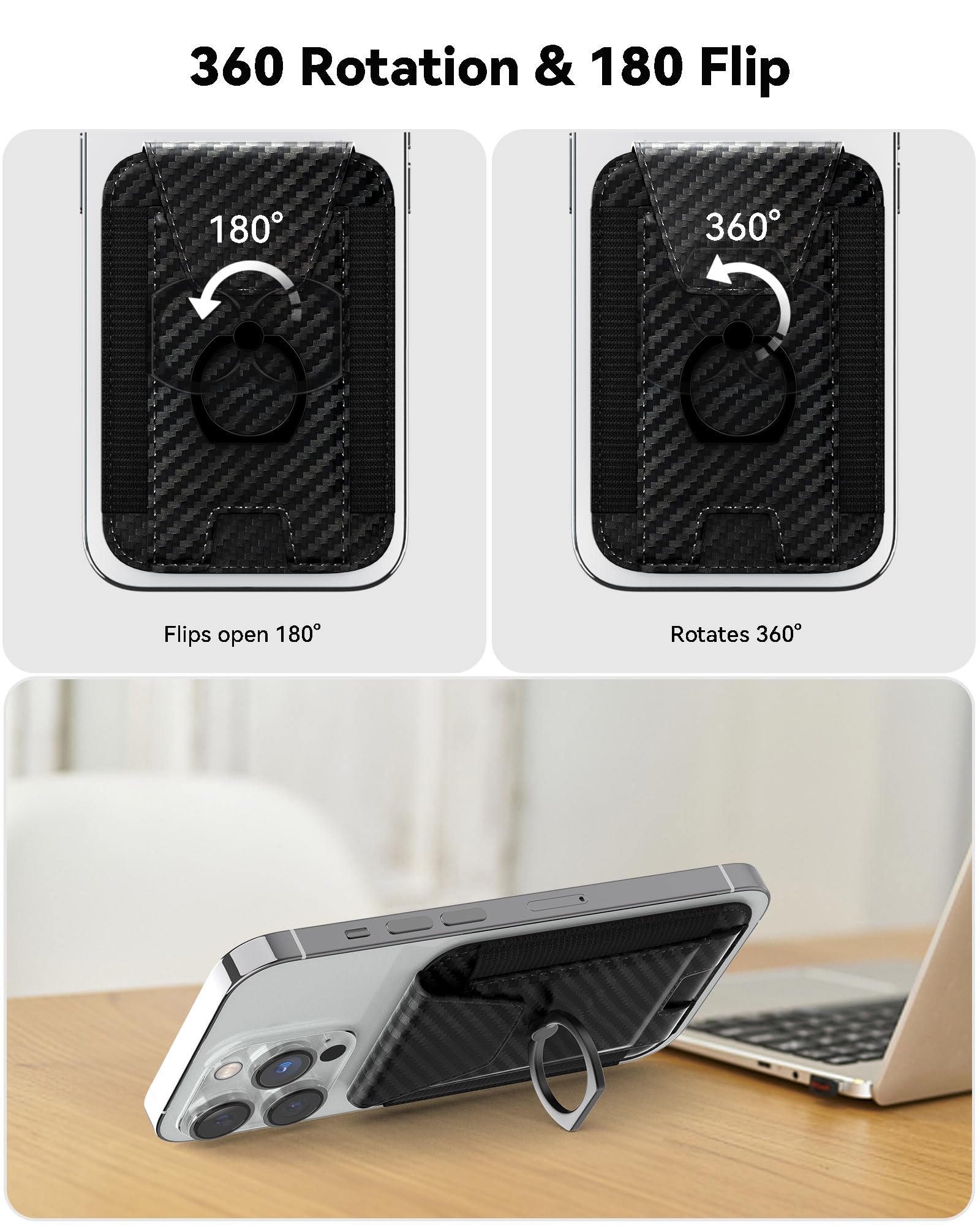 Amzone 3-in-1 Mag Safe Wallet, Leather Wallet with Phone Ring Stand, Mag Safe Wallet with Magnetic Flap for iPhone 15/14/13/12 Series, 7 Card Holder, Carbon Fibre Black