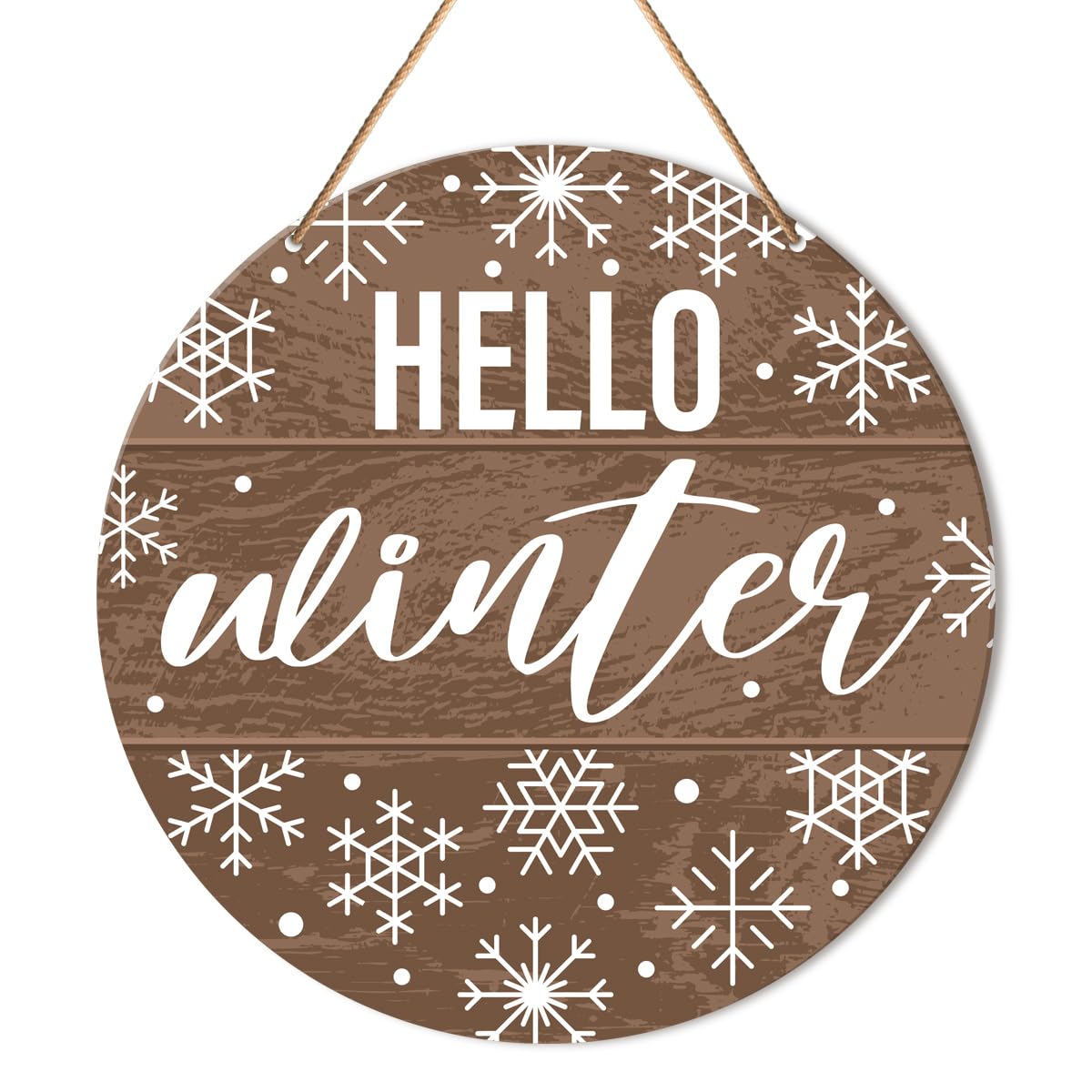 Muktoujaumai Hello Winter Sign Front Door Decor, Christmas Round Hanging Sign Decor Rustic Snowflake Xmas Holiday Wall Decorations Winter Wood Sign for Door, Porch, Home, Welcome Winter