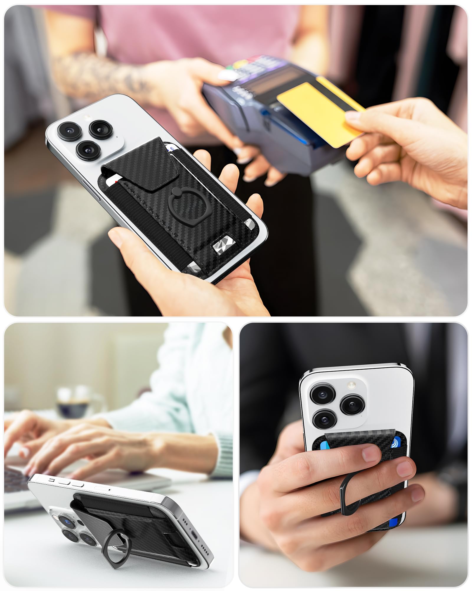Amzone 3-in-1 Mag Safe Wallet, Leather Wallet with Phone Ring Stand, Mag Safe Wallet with Magnetic Flap for iPhone 15/14/13/12 Series, 7 Card Holder, Carbon Fibre Black