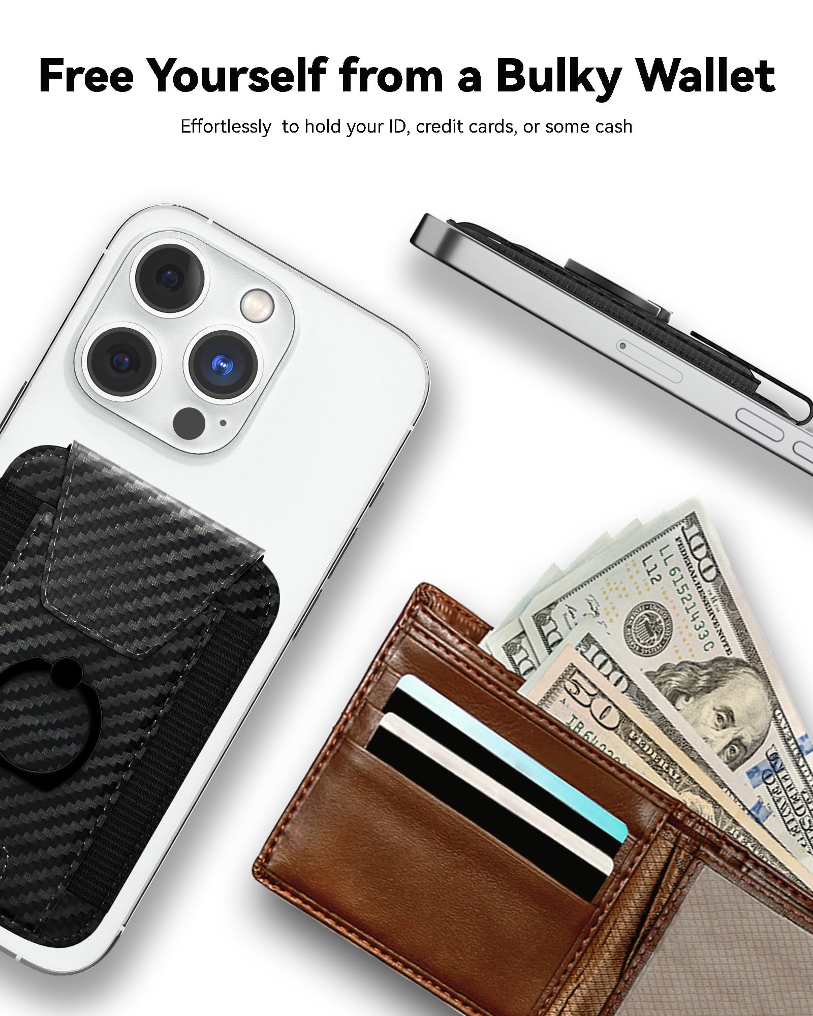 Amzone 3-in-1 Mag Safe Wallet, Leather Wallet with Phone Ring Stand, Mag Safe Wallet with Magnetic Flap for iPhone 15/14/13/12 Series, 7 Card Holder, Carbon Fibre Black
