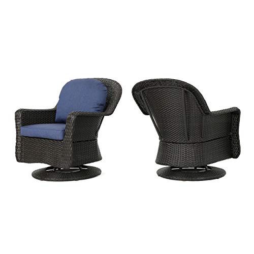 Christopher Knight Home Liam Outdoor Wicker Swivel Club Chairs with Water Resistant Cushions, 2-Pcs Set, Dark Brown / Navy Blue