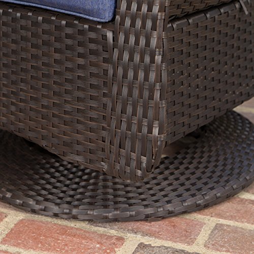 Christopher Knight Home Liam Outdoor Wicker Swivel Club Chairs with Water Resistant Cushions, 2-Pcs Set, Dark Brown / Navy Blue