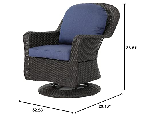 Christopher Knight Home Liam Outdoor Wicker Swivel Club Chairs with Water Resistant Cushions, 2-Pcs Set, Dark Brown / Navy Blue
