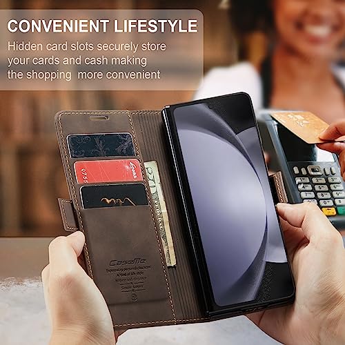 Peenpunk Galaxy Z Fold 5 Case, Leather Galaxy ZFold5 Wallet Case with Card Holder Flip Kickstand Magnetic Case Compatible with Samsung Z Fold 5 5G (Coffee)