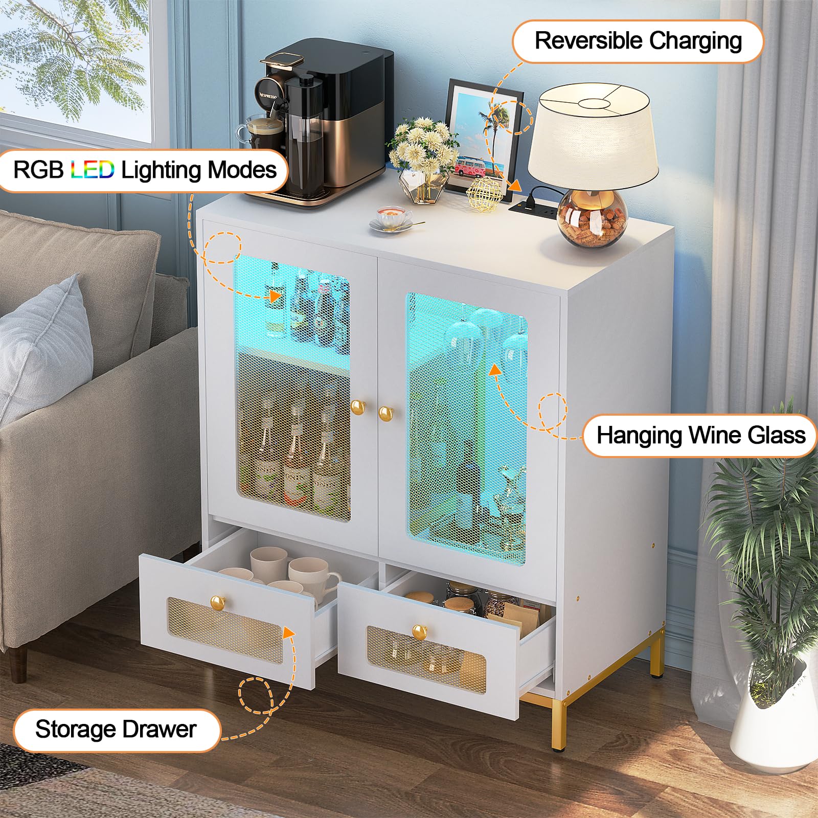 Sideboard Buffet Cabinet with Storage, Wine Bar Cabinet with Power Outlet & LED Light, Kitchen Storage Cabinet with Drawers, Liquor Coffee Bar Cupboard Buffet Table for Dining Room, White