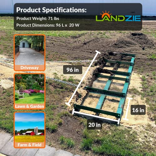 LANDZIE Drag Harrow Driveway Grader Landscape Power Rake for ATV, UTV, Tractor, Mower - 8 Ft Reinforced Steel (Two 4 ft Sections) - Tow Behind Yard Lawn Leveling Tool with 4 Ft Heavy Duty Chain