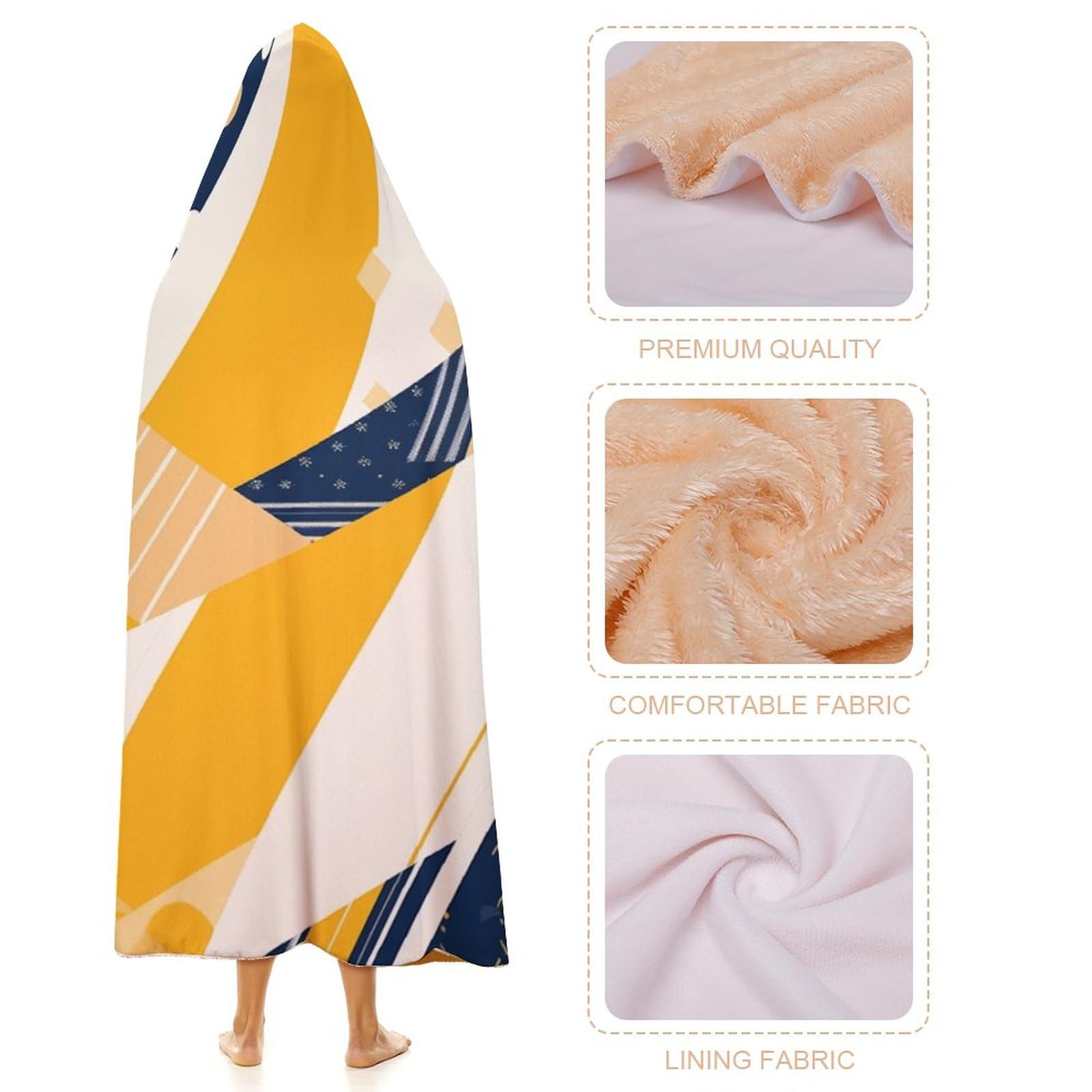 Elegant Navy Blue Mustard Yellow White Stripes Geomestry Hooded Blanket Spring Summer Flower Elegant Line Plush Warm Fluffy Blanket for Adult And Kids Comfortable Throw Blankets for Couch Bed 60"x80"