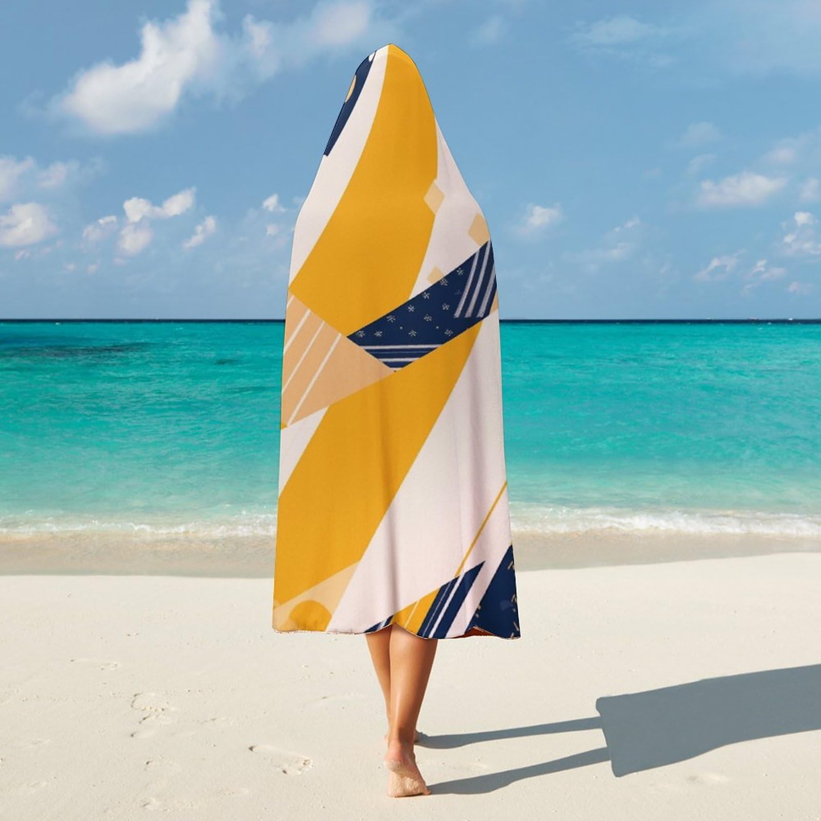 Elegant Navy Blue Mustard Yellow White Stripes Geomestry Hooded Blanket Spring Summer Flower Elegant Line Plush Warm Fluffy Blanket for Adult And Kids Comfortable Throw Blankets for Couch Bed 60"x80"