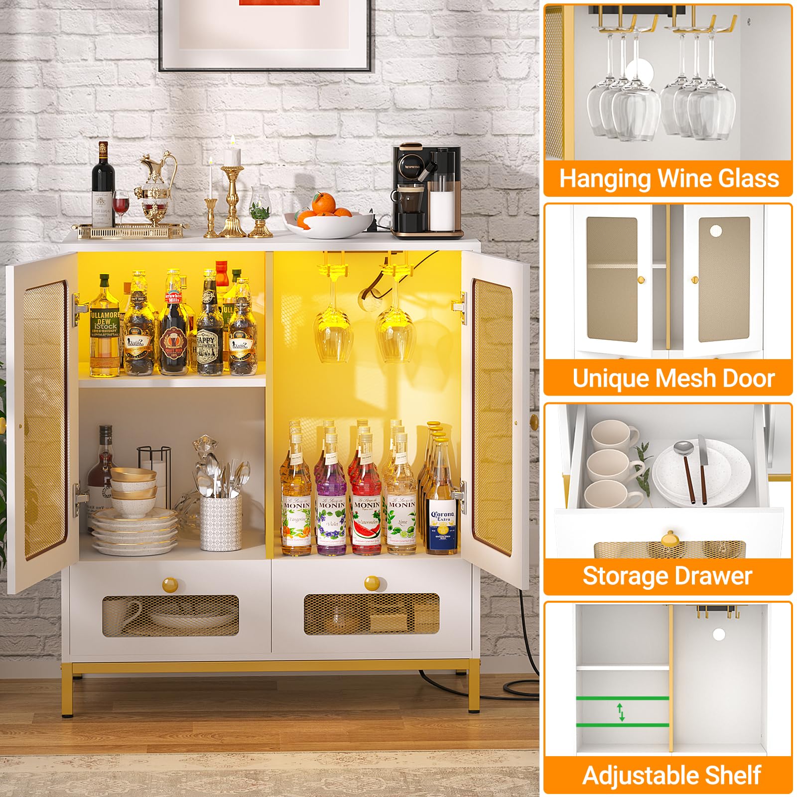Sideboard Buffet Cabinet with Storage, Wine Bar Cabinet with Power Outlet & LED Light, Kitchen Storage Cabinet with Drawers, Liquor Coffee Bar Cupboard Buffet Table for Dining Room, White