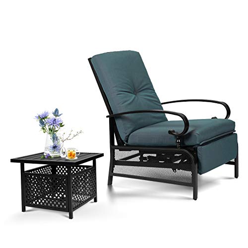 Oakcloud Adjustable Outdoor Lounge Chair Metal Patio Relaxing Recliner Chair Set with Bistro TableĀ and Removable Cushions(Peacock Blue)