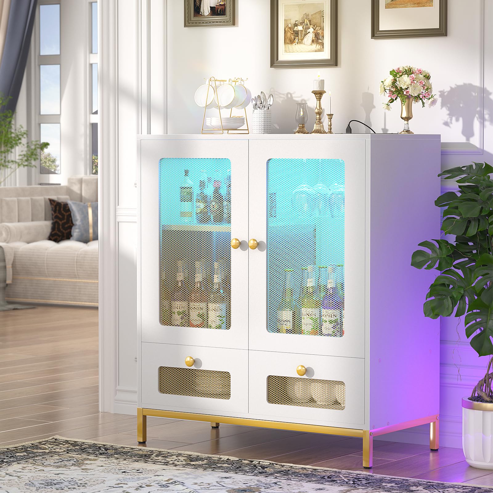 Sideboard Buffet Cabinet with Storage, Wine Bar Cabinet with Power Outlet & LED Light, Kitchen Storage Cabinet with Drawers, Liquor Coffee Bar Cupboard Buffet Table for Dining Room, White