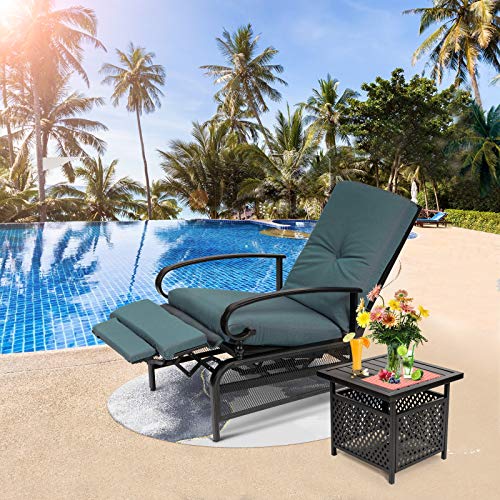 Oakcloud Adjustable Outdoor Lounge Chair Metal Patio Relaxing Recliner Chair Set with Bistro TableĀ and Removable Cushions(Peacock Blue)