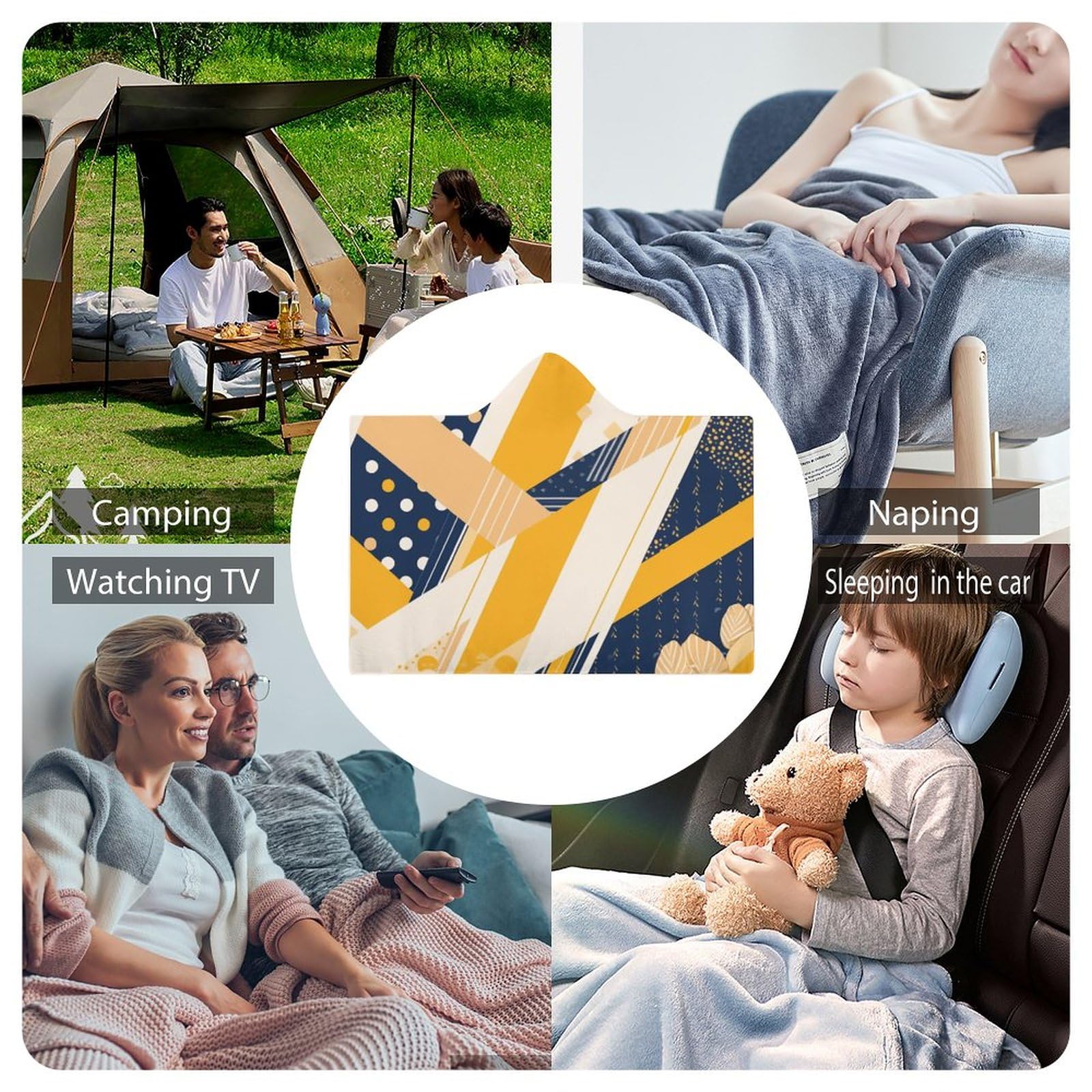 Elegant Navy Blue Mustard Yellow White Stripes Geomestry Hooded Blanket Spring Summer Flower Elegant Line Plush Warm Fluffy Blanket for Adult And Kids Comfortable Throw Blankets for Couch Bed 60"x80"