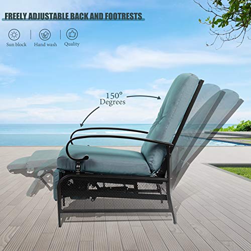 Oakcloud Adjustable Outdoor Lounge Chair Metal Patio Relaxing Recliner Chair Set with Bistro TableĀ and Removable Cushions(Peacock Blue)