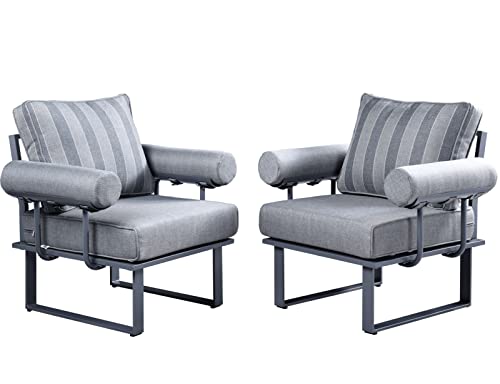 ovios Patio Dining Chairs Outdoor Chair High Back Aluminum Sofa Porch Chairs with Thick Cushion for Yard, Garden, Backyard (Black-Grey Stripe)