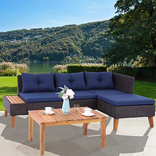 MFSTUDIO 3 Pieces Patio Rattan Furniture Set,Outdoor Wicker and Acacia Wood Sectional Sofa Set for Garden,Backyard,Poolside(Navy Blue)