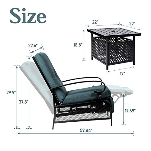 Oakcloud Adjustable Outdoor Lounge Chair Metal Patio Relaxing Recliner Chair Set with Bistro TableĀ and Removable Cushions(Peacock Blue)
