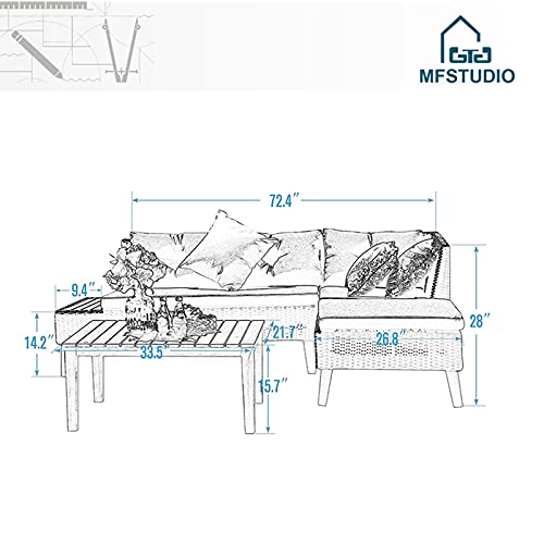 MFSTUDIO 3 Pieces Patio Rattan Furniture Set,Outdoor Wicker and Acacia Wood Sectional Sofa Set for Garden,Backyard,Poolside(Navy Blue)