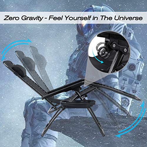 HCB Reclining Patio Chairs Zero Gravity Chair Portable Lawn Chairs Foldable Outdoor Mesh Lounge Chair with Adjustable Headrest Pillow Cup Holder Trays, Set of 2 (Black)
