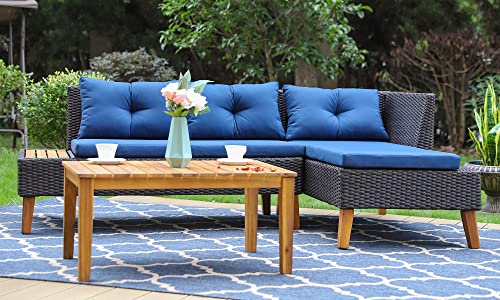 MFSTUDIO 3 Pieces Patio Rattan Furniture Set,Outdoor Wicker and Acacia Wood Sectional Sofa Set for Garden,Backyard,Poolside(Navy Blue)