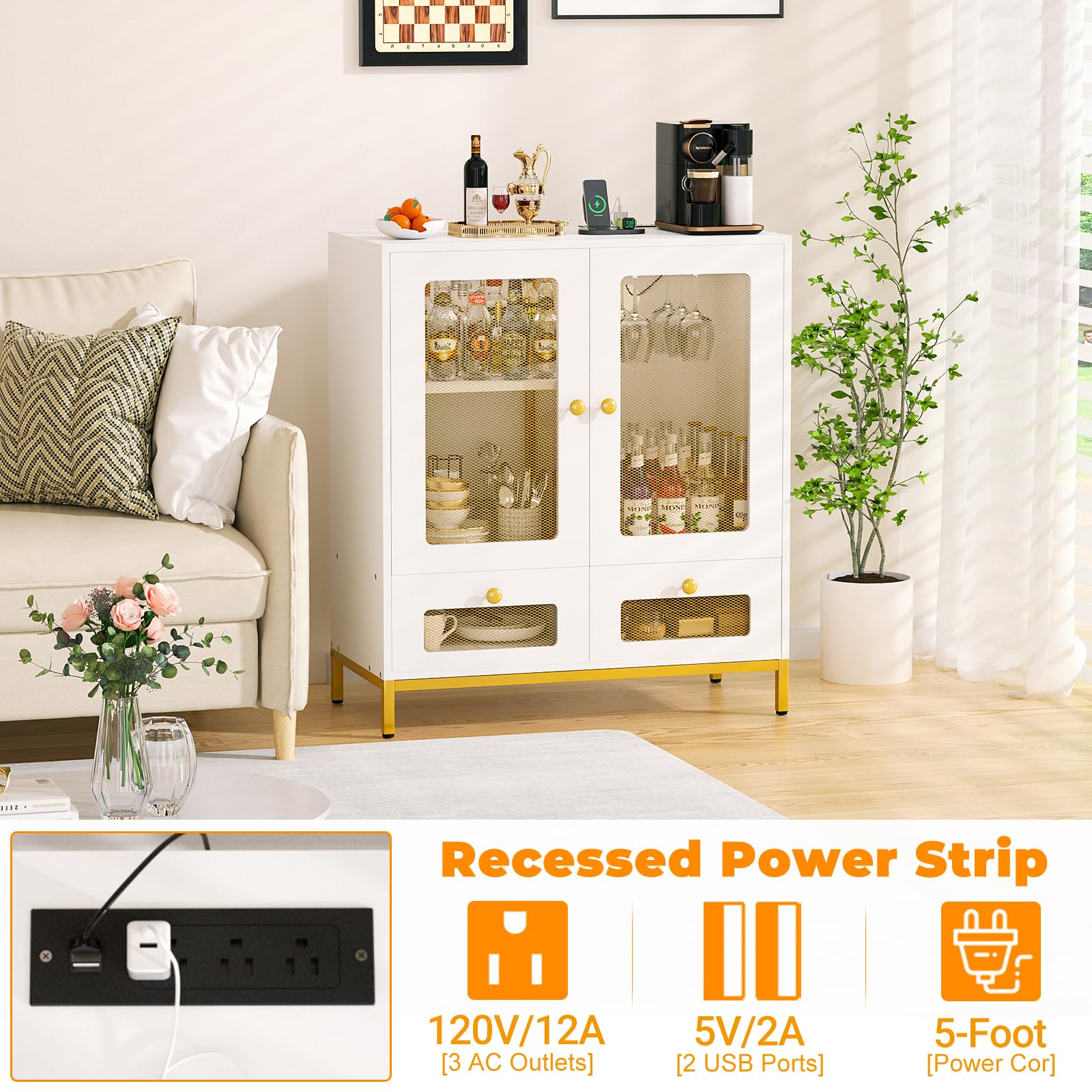 Sideboard Buffet Cabinet with Storage, Wine Bar Cabinet with Power Outlet & LED Light, Kitchen Storage Cabinet with Drawers, Liquor Coffee Bar Cupboard Buffet Table for Dining Room, White