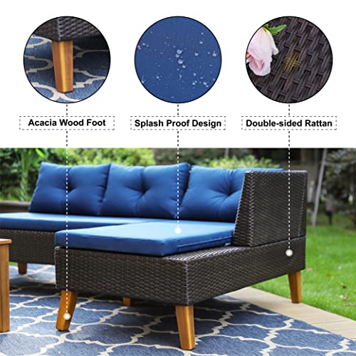 MFSTUDIO 3 Pieces Patio Rattan Furniture Set,Outdoor Wicker and Acacia Wood Sectional Sofa Set for Garden,Backyard,Poolside(Navy Blue)