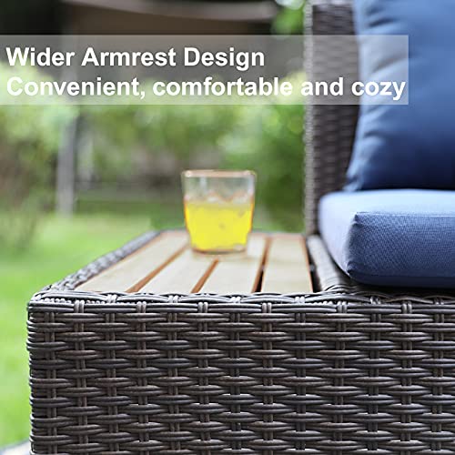 MFSTUDIO 3 Pieces Patio Rattan Furniture Set,Outdoor Wicker and Acacia Wood Sectional Sofa Set for Garden,Backyard,Poolside(Navy Blue)
