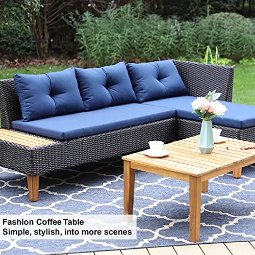 MFSTUDIO 3 Pieces Patio Rattan Furniture Set,Outdoor Wicker and Acacia Wood Sectional Sofa Set for Garden,Backyard,Poolside(Navy Blue)