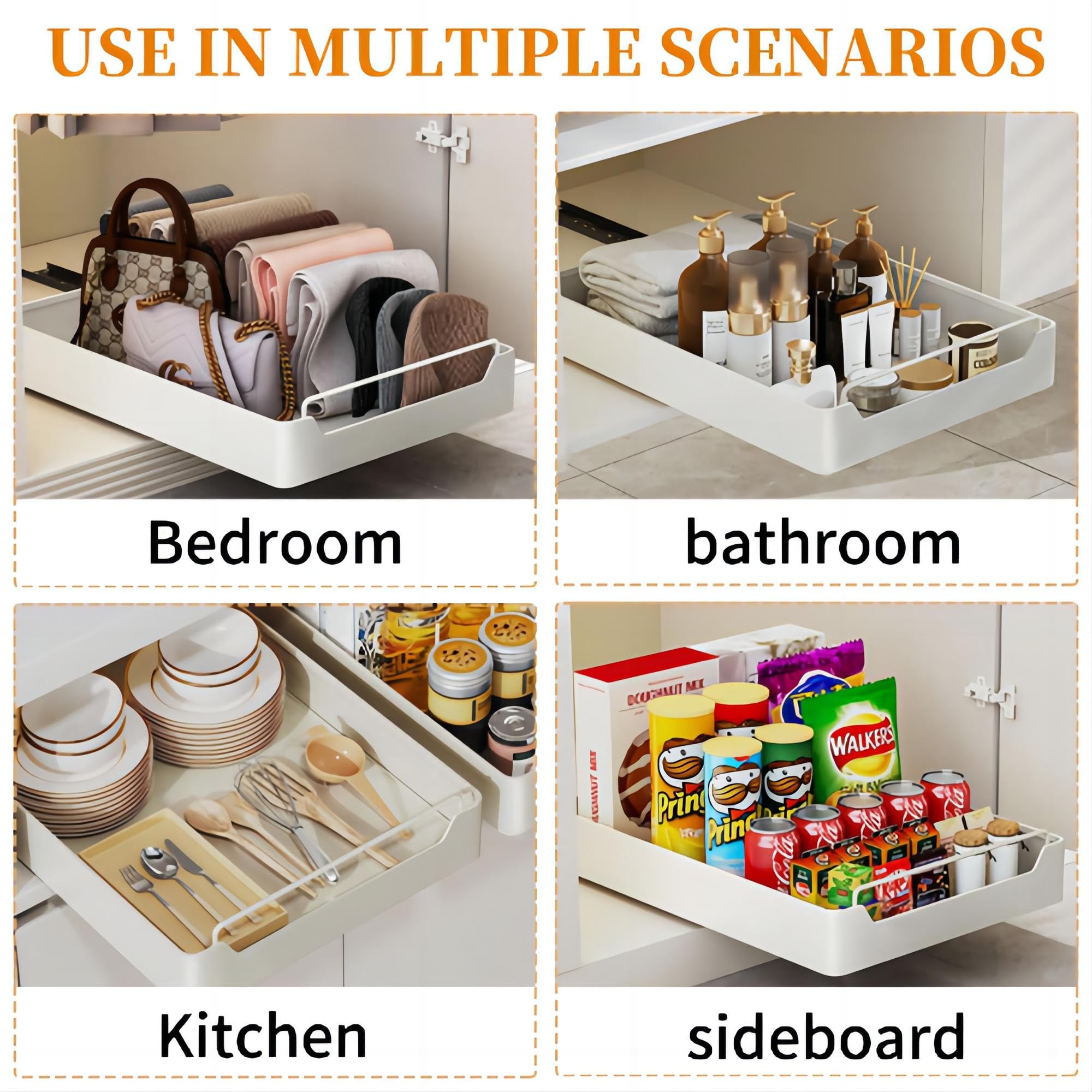 Pull out Cabinet Organizer Fixed with Adhesive Nano Film, Heavy Duty Sliding Basket Organizer Drawer, Pull Out Drawer for Kitchen Under Sink Organizer, Pantry, Bathroom,1 Pack